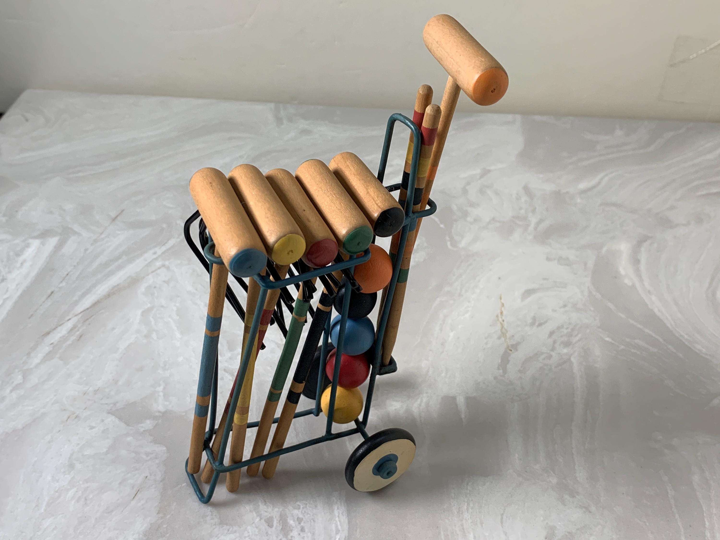 Vintage Croquet Set Miniature Wooden Mallet, Metal Cart, Balls, Wickets ...