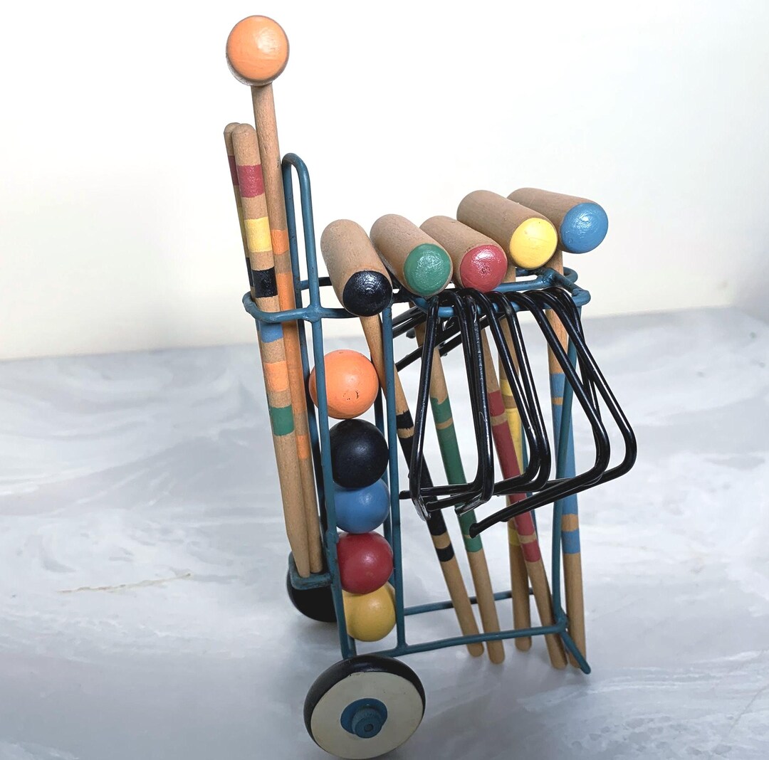 Vintage Croquet Set Miniature Wooden Mallet, Metal Cart, Balls, Wickets ...