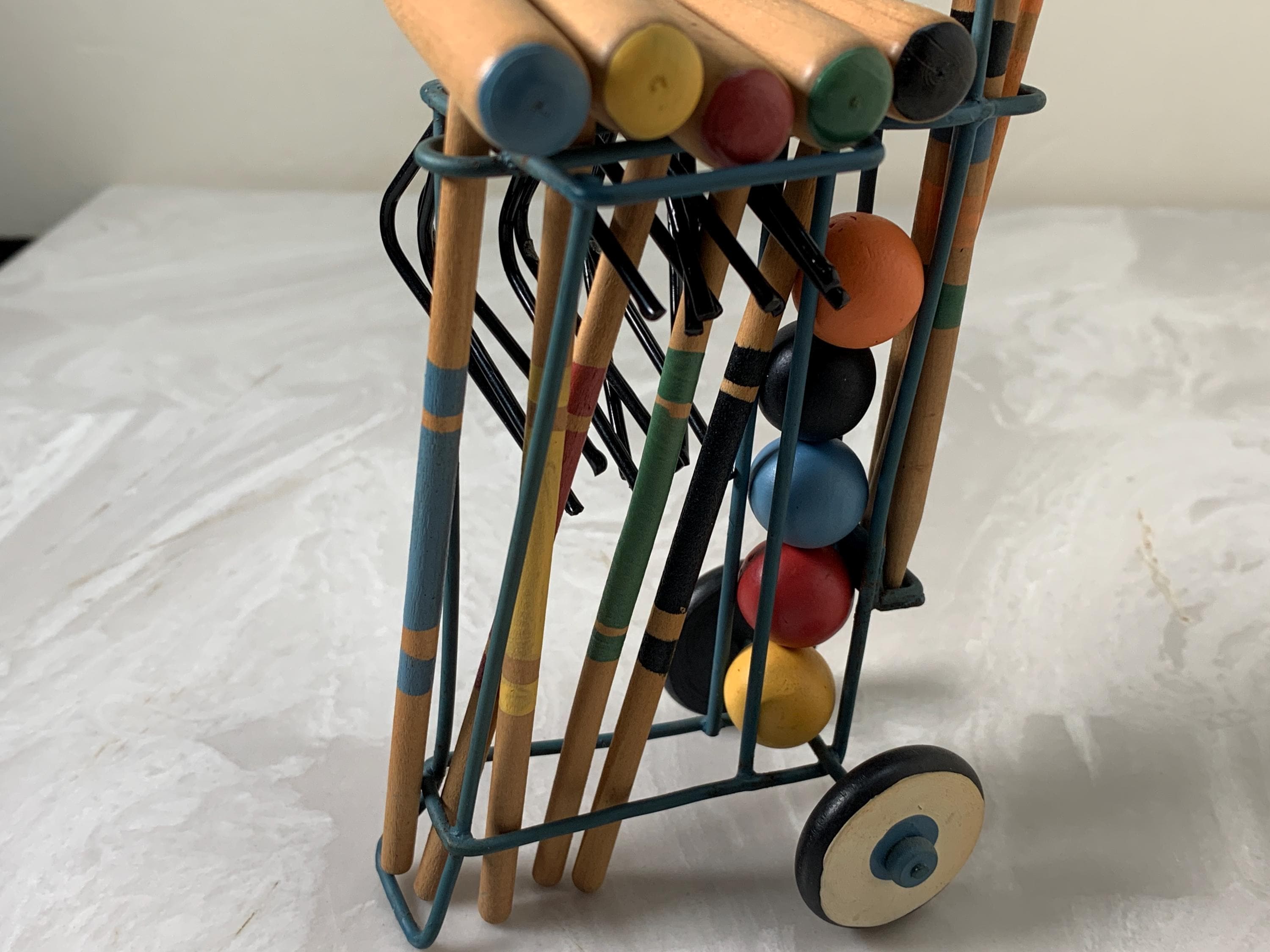 Vintage Croquet Set Miniature Wooden Mallet, Metal Cart, Balls, Wickets ...