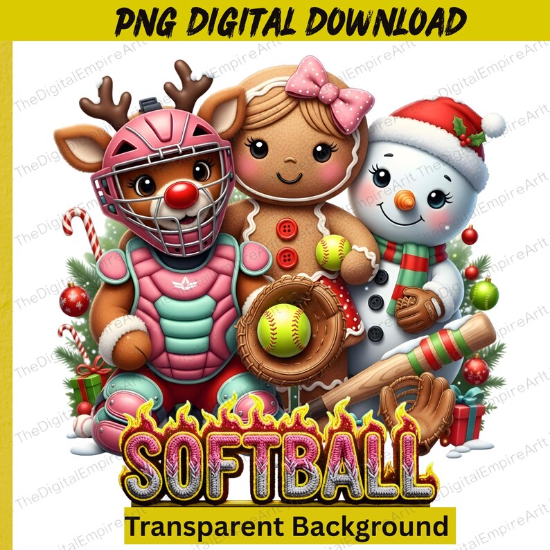Christmas Softball PNG, Gingerbread, Snowman, Rudolph (digital Download ...
