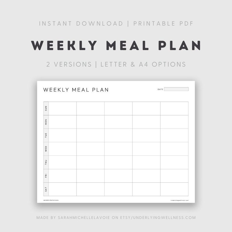 Weekly Meal Plan Template, Two Versions, Letter/a4 Sizes, Instant ...