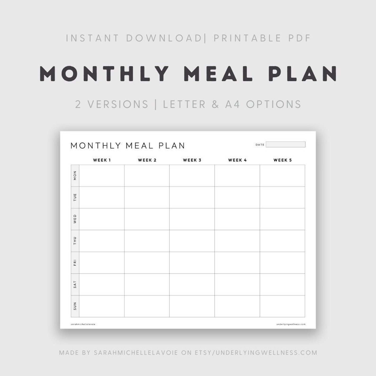 Monthly Meal Plan Template, Two Versions, Letter/a4 Sizes, Instant ...