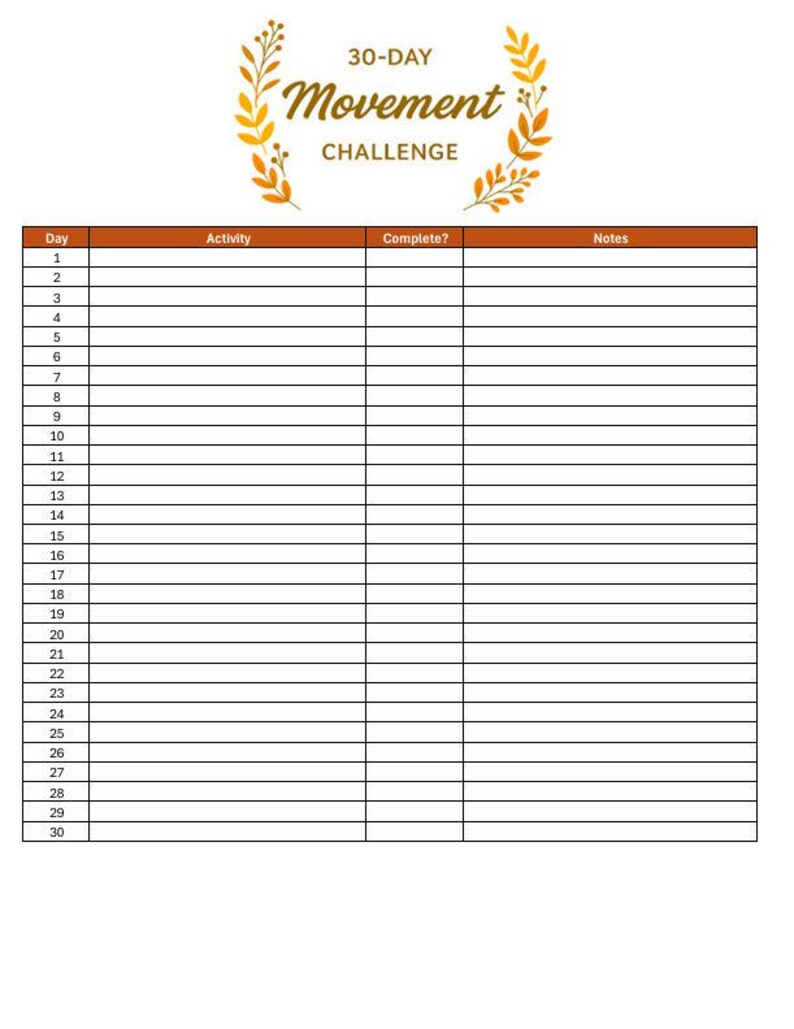 30-day Movement Challenge – Printable Fitness Tracker for Daily ...