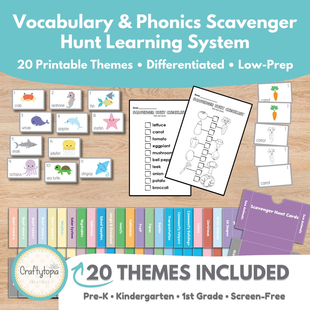 Vocabulary & Phonics Scavenger Hunt Learning System – 20 Printable ...