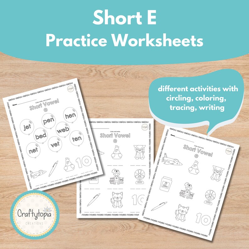 Short E Sound Printable Worksheets – CVC Activities, Crown Craft (PDF ...