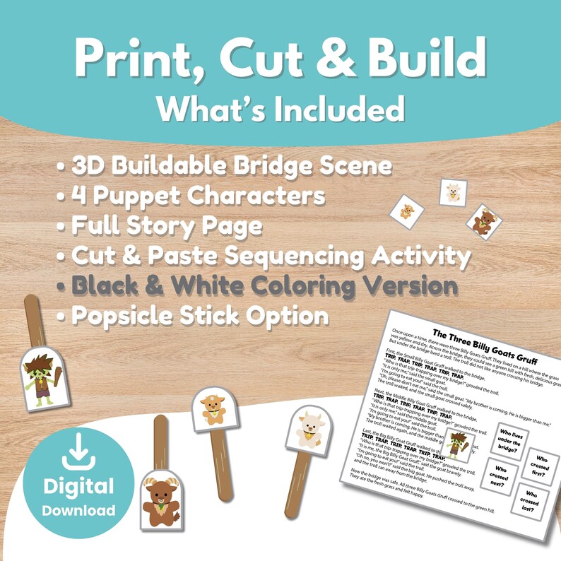 Three Billy Goats Gruff Puppet Scene, Sequencing Activity (digital ...