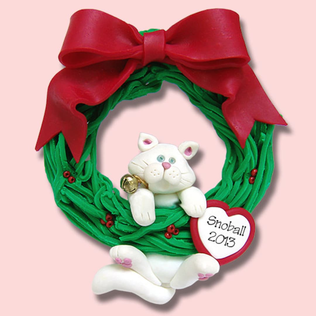 White Christmas KITTY CAT in Wreath HANDMADE Polymer Clay Personalized ...