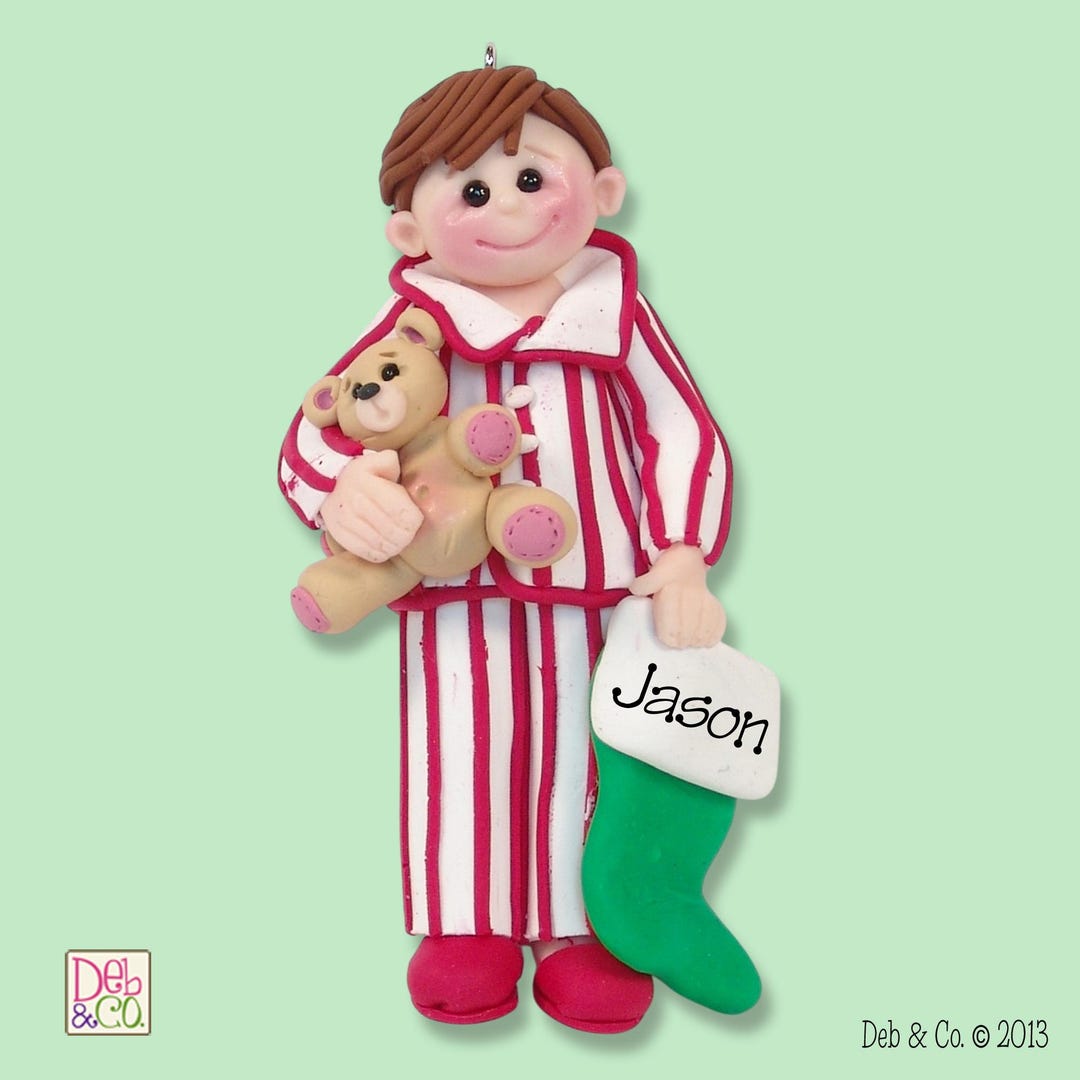 Giggle Gang Boy in Christmas Pajamas Handmade Polymer Clay Personalized ...