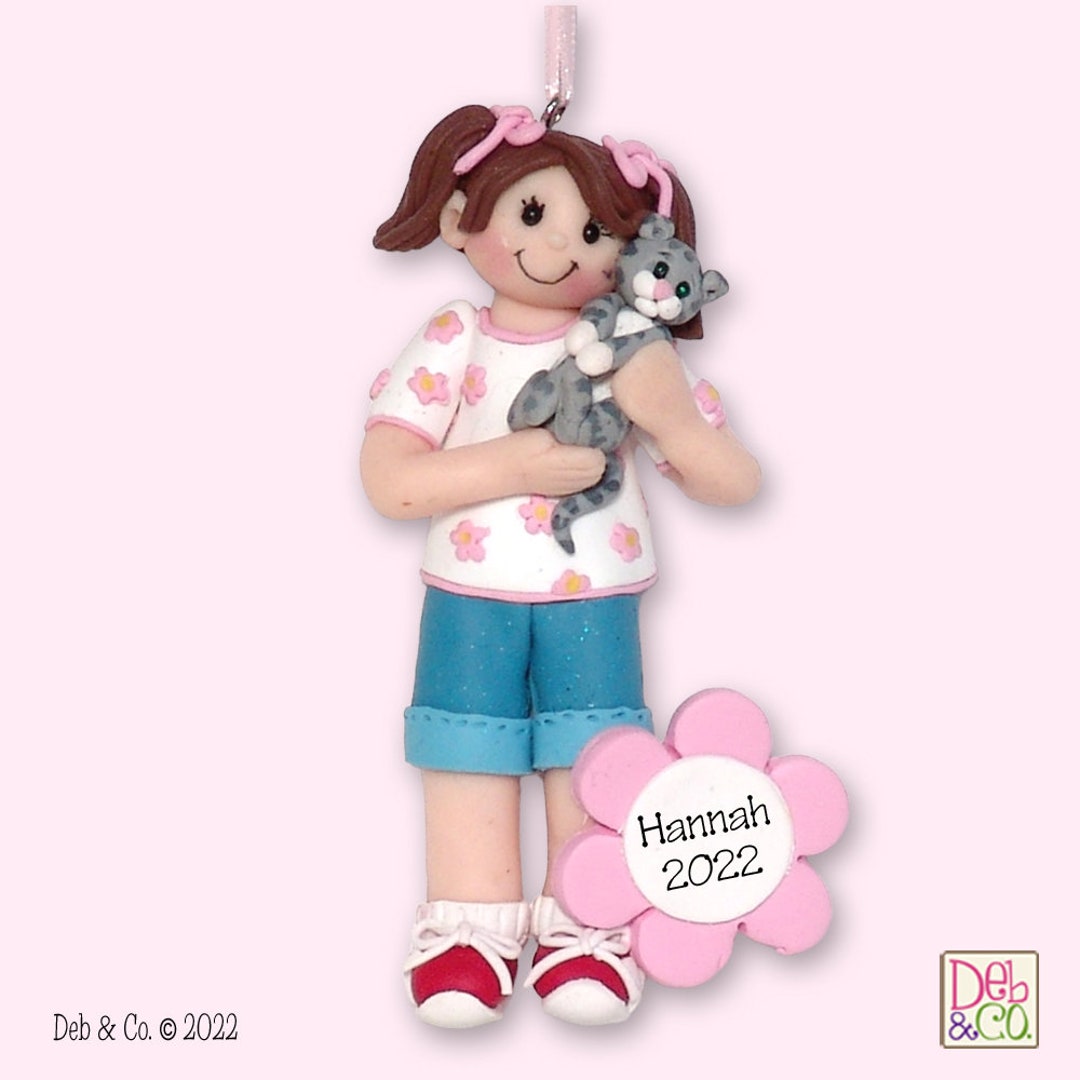 Giggle Gang Little Girl With Kitty Cat HANDMADE POLYMER CLAY Ornament ...