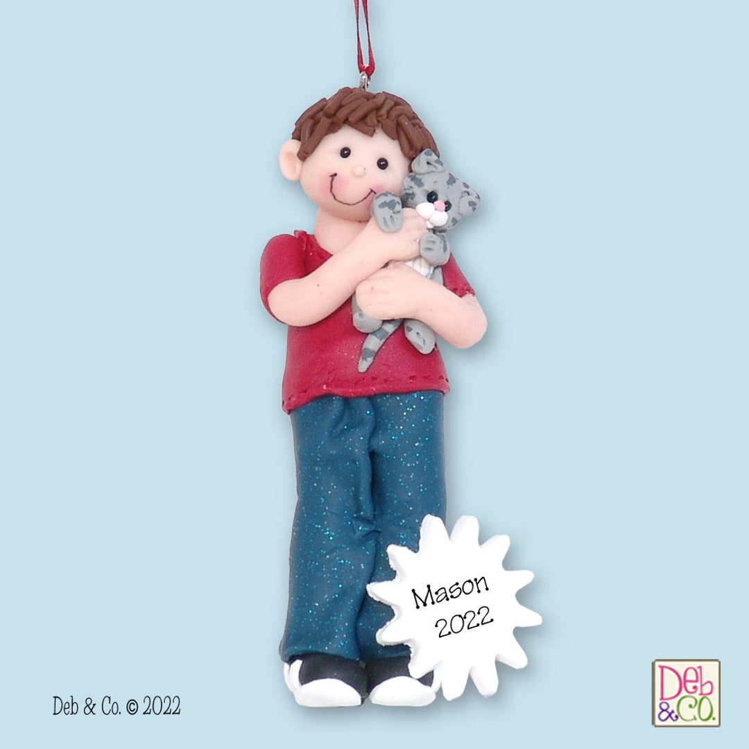 Giggle Gang Little Boy With Kitty Cat HANDMADE POLYMER CLAY Ornament ...