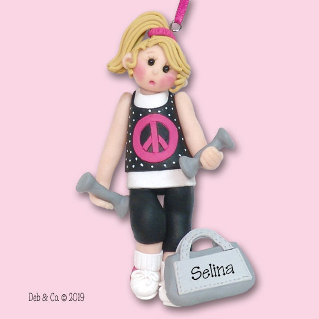 At The Gym Work Out Girl Blonde Personalized Christmas Ornament Handmade Polymer Clay In Custom