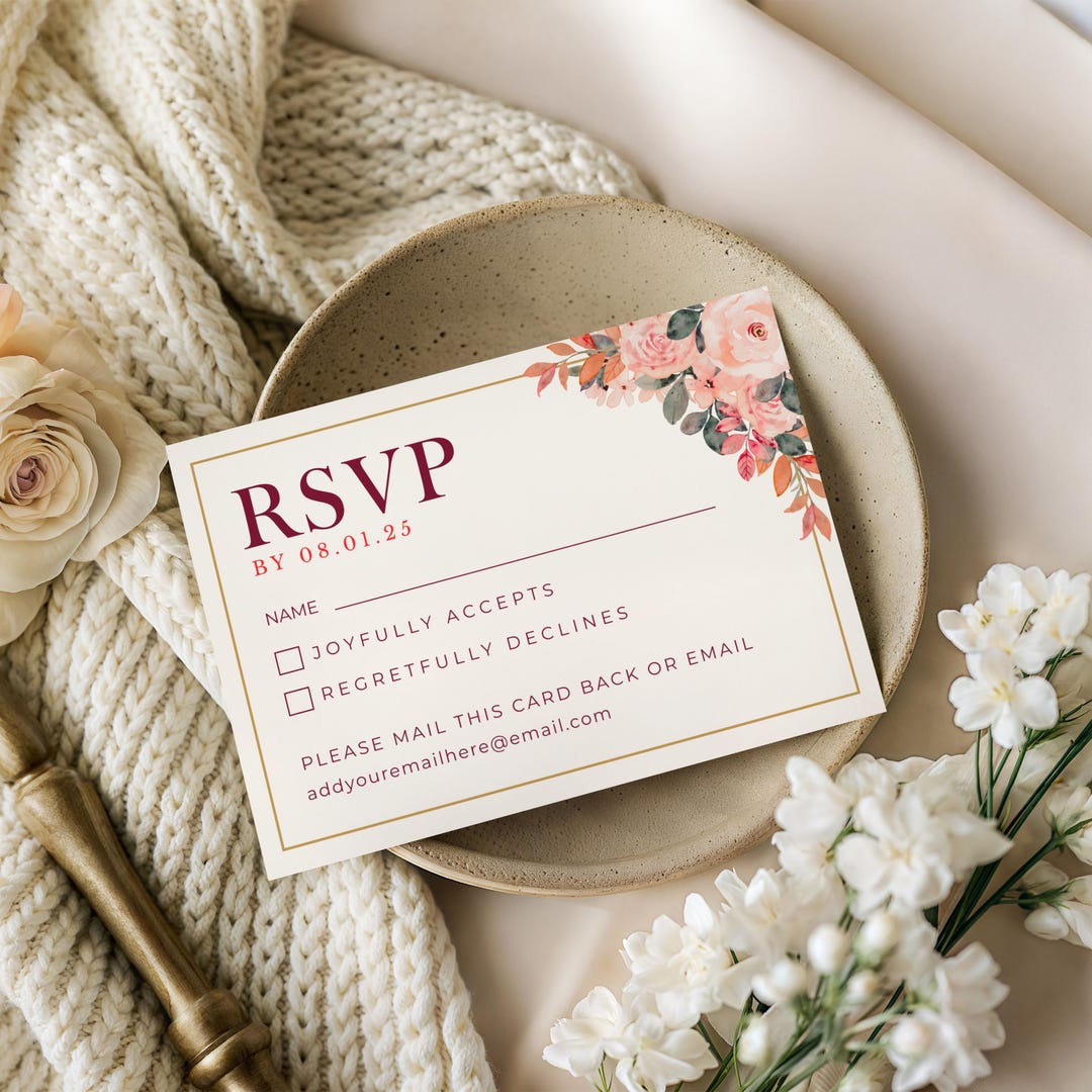 Floral RSVP Card Template, Bridal Shower Baby Shower RSVP Card, Elegant ...