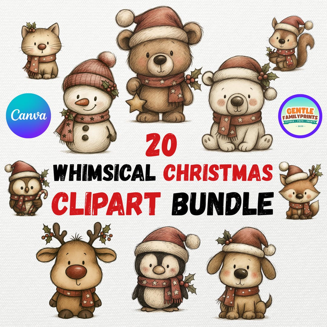 Whimsical Christmas 20 Clipart Bundle | Editable Canva Template Bonus ...