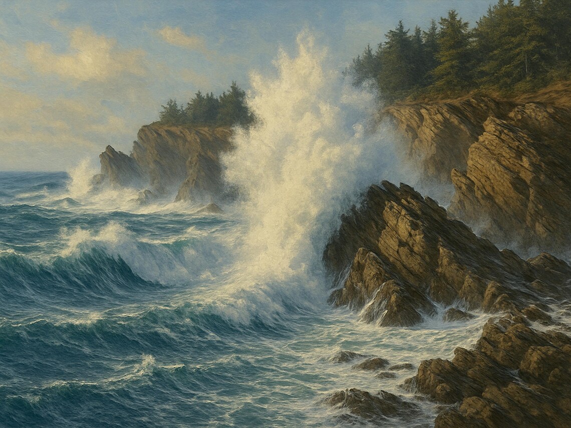 Oregon Coast Seascape Art Print – Shore Acres Digital Oil Painting ...