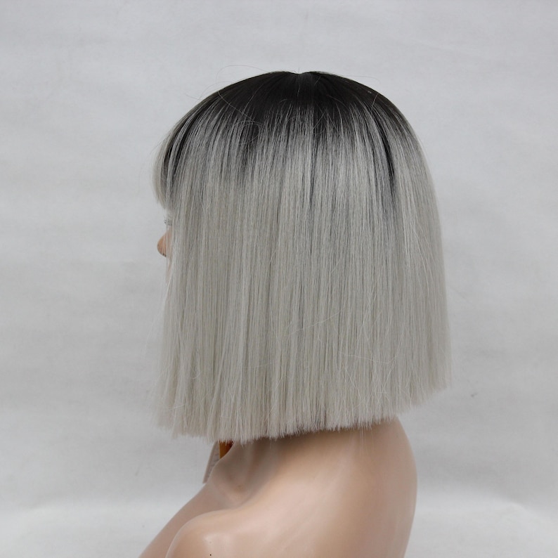 Short Silver Gray Wig, Ombre Bob Wig With Bangs, White Straight Hair ...