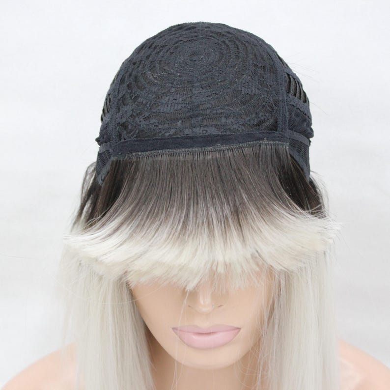 Short Silver Gray Wig, Ombre Bob Wig With Bangs, White Straight Hair ...