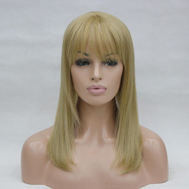 Real Human Hair Blonde Wig With Bangs, Premium Glueless Straight Wig, Natural Blonde Wig for ...