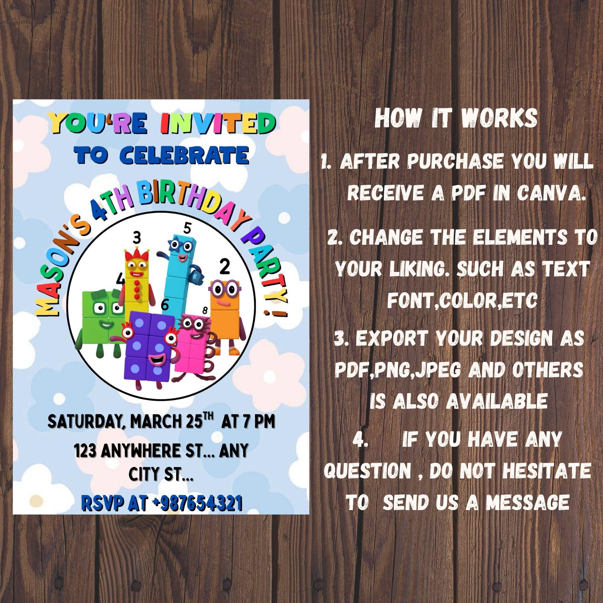 Editable Number Blocks Birthday Party Invitation Template ( 5x7 ...