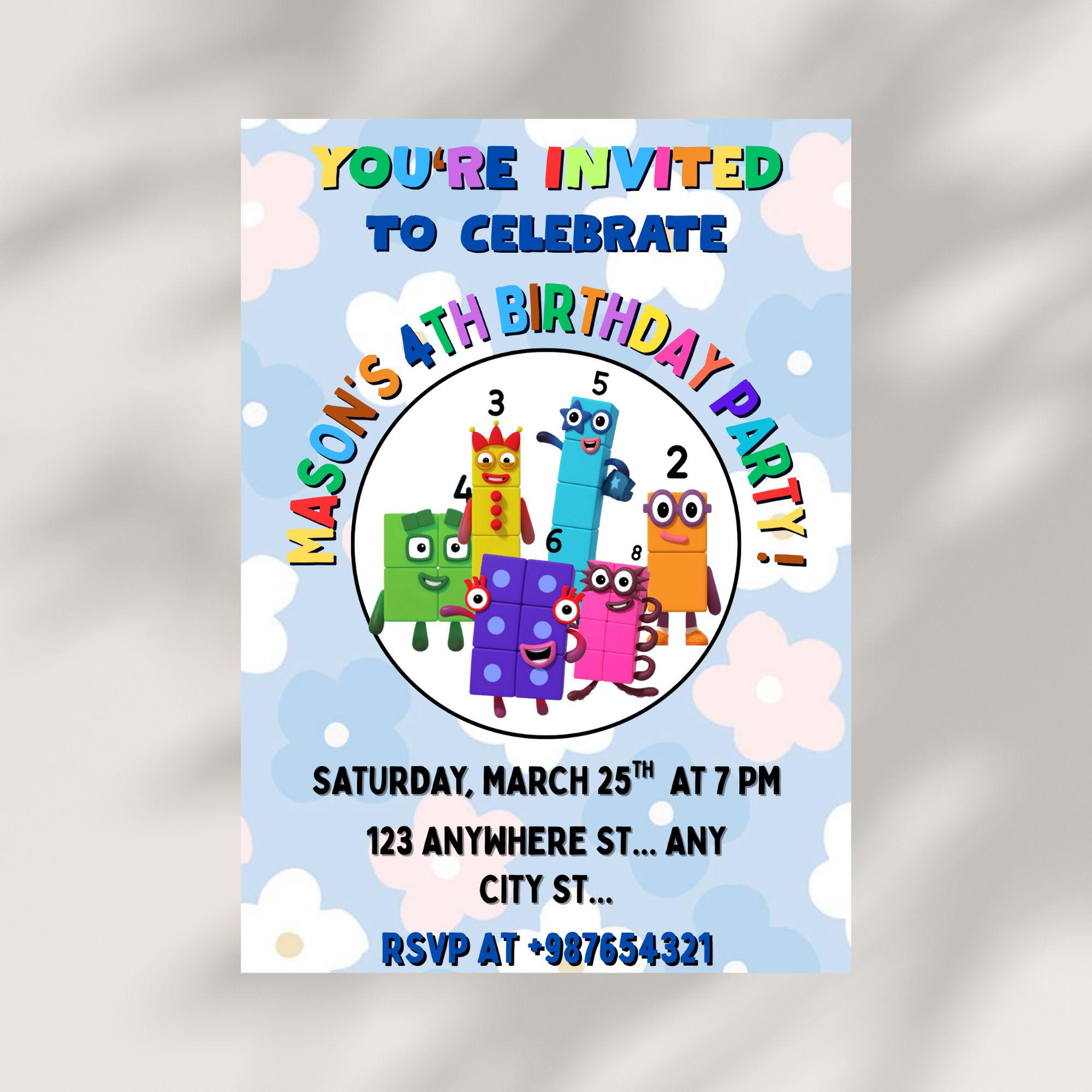Editable Number Blocks Birthday Party Invitation Template ( 5x7 ...