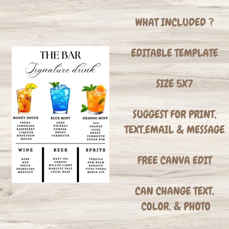 Editable the Bar Signature Drink Menu Template ( 5x7 ) Digital ...
