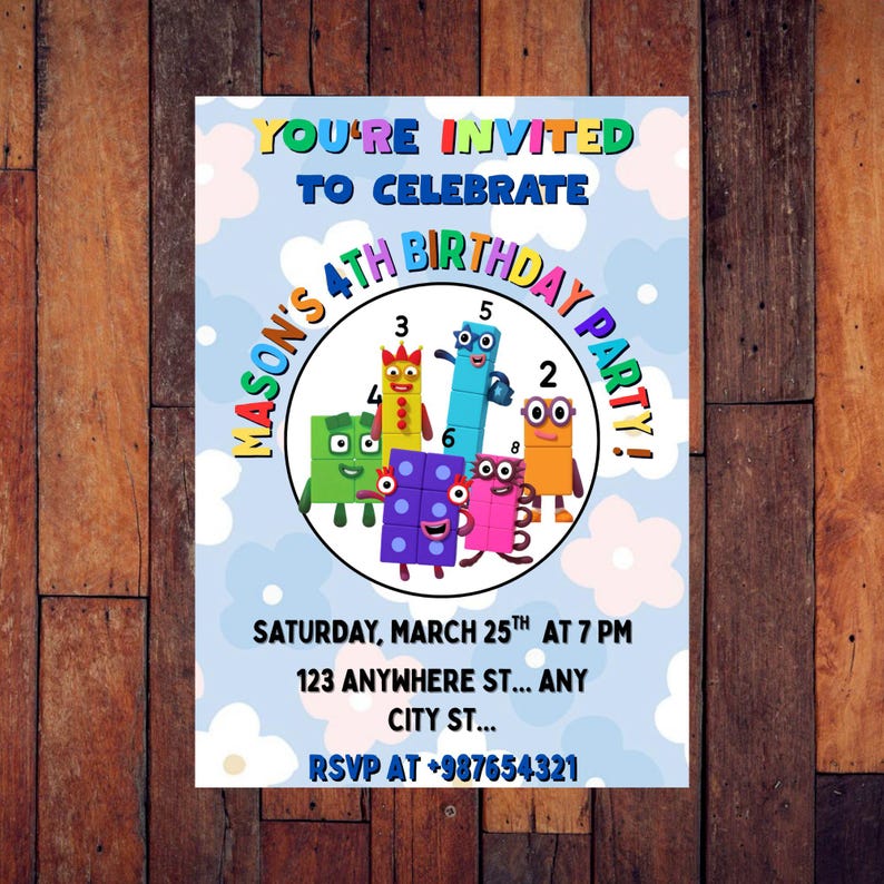 Editable Number Blocks Birthday Party Invitation Template ( 5x7 ...