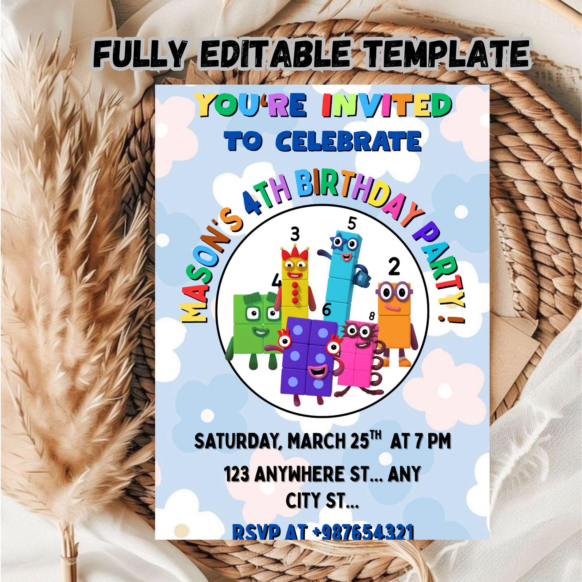 Editable Number Blocks Birthday Party Invitation Template ( 5x7 ...