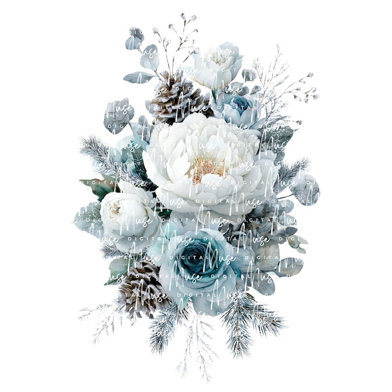 11 Winter Blue Floral Clipart Bundle, Watercolor Christmas Flowers ...