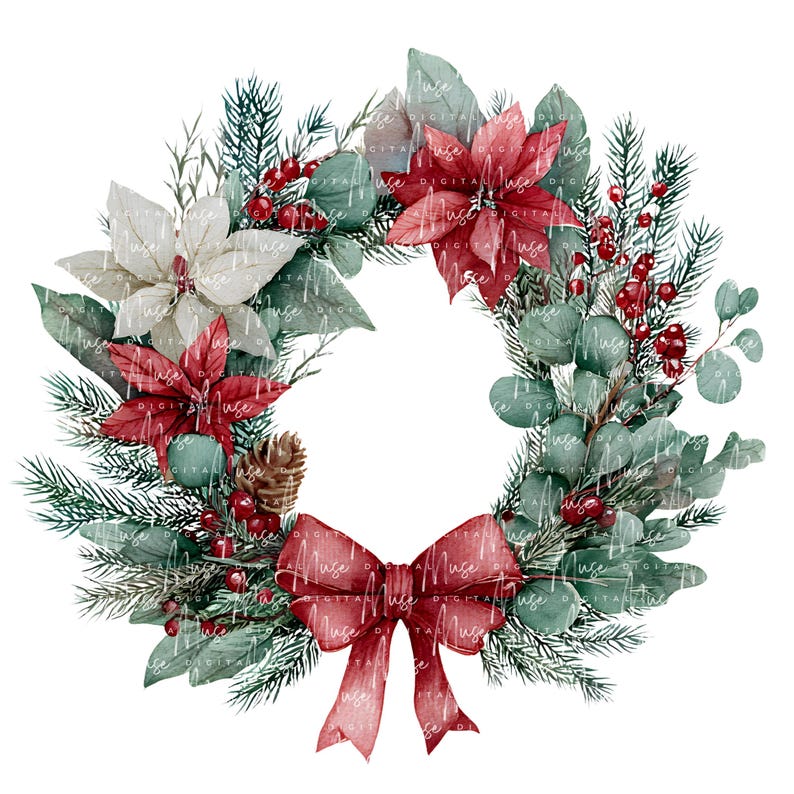 Christmas Wreath Watercolor Clipart, Poinsettia PNG, Winter Floral ...