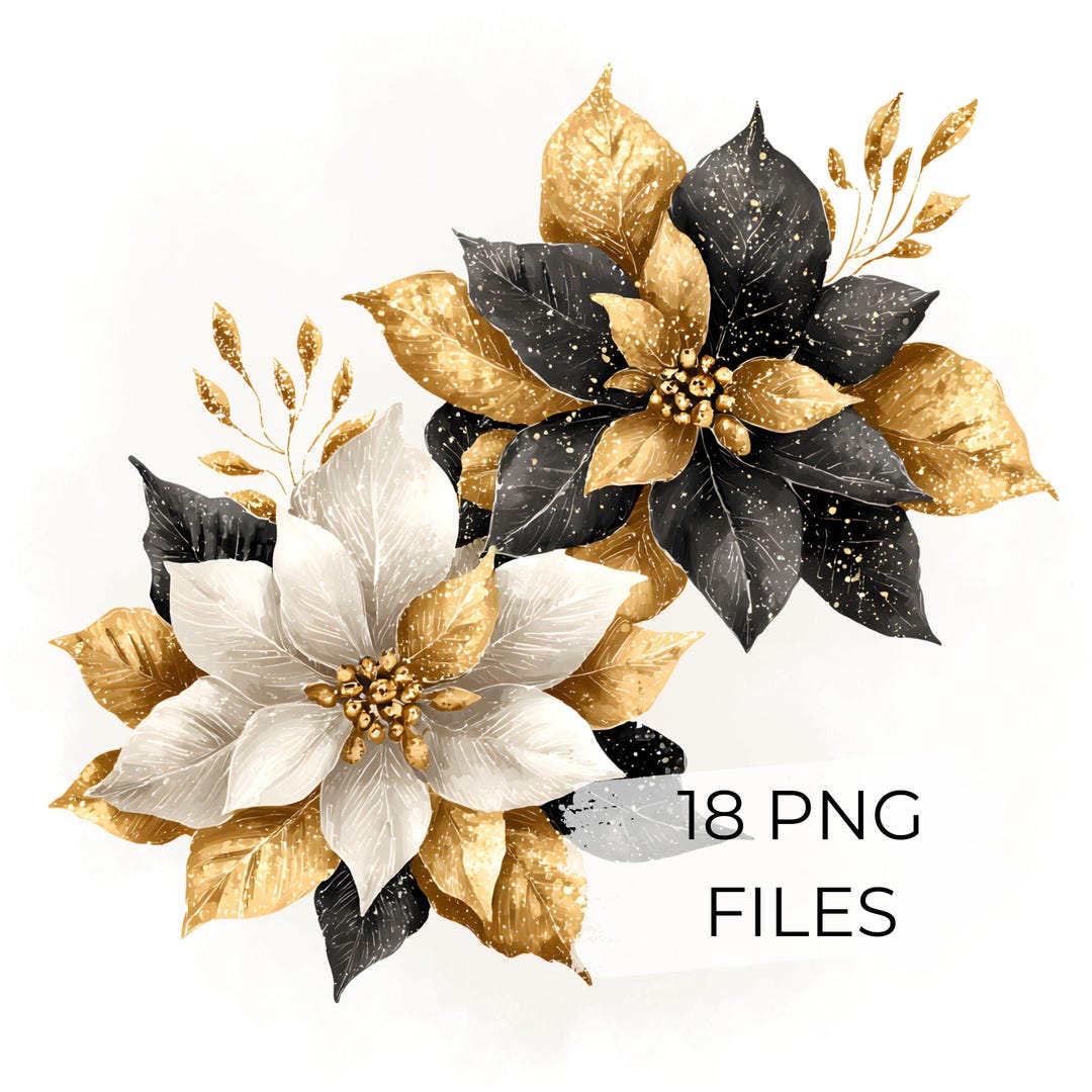 18 Black Gold Floral Clipart PNG Set, Elegant Poinsettia Flowers ...