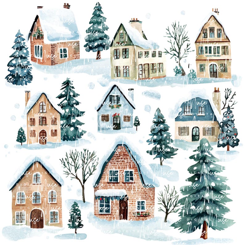 Winter Houses Watercolor Clipart | Snowy Cottage Village JPEG Set ...
