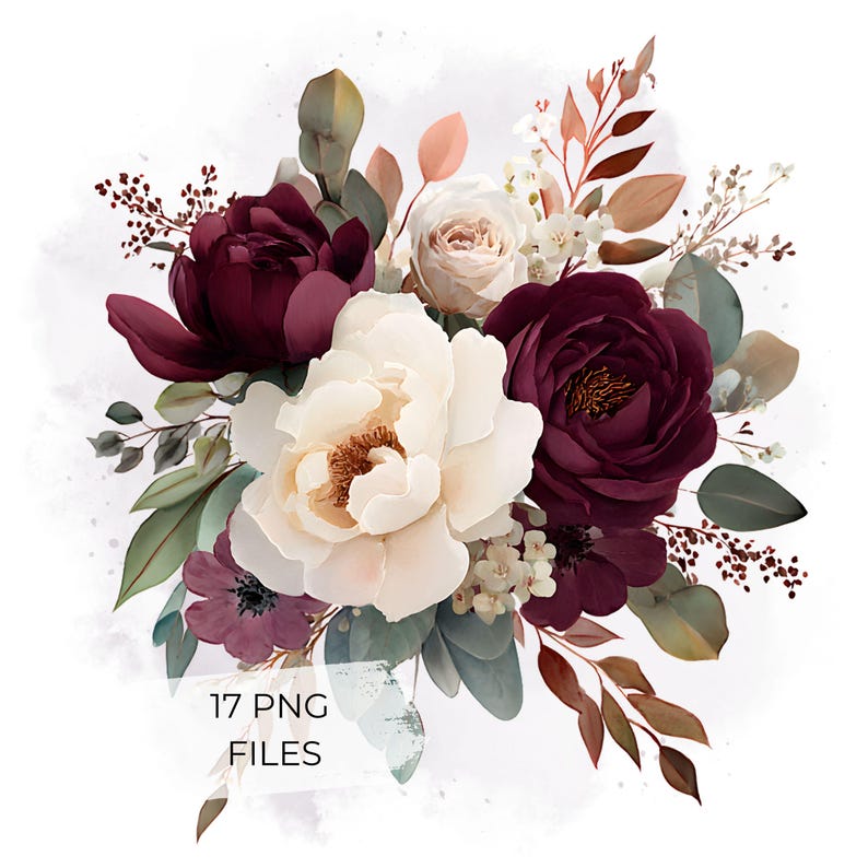 Burgundy Peony Floral Clipart PNG Bundle, Boho Wedding Flowers, Marsala ...