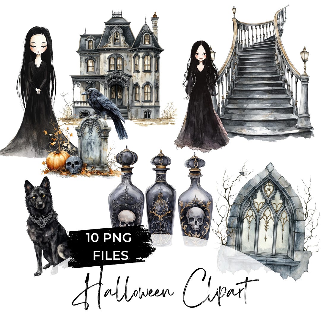 Gothic Halloween Clipart Bundle: Haunted House & Spooky Girl (digital ...