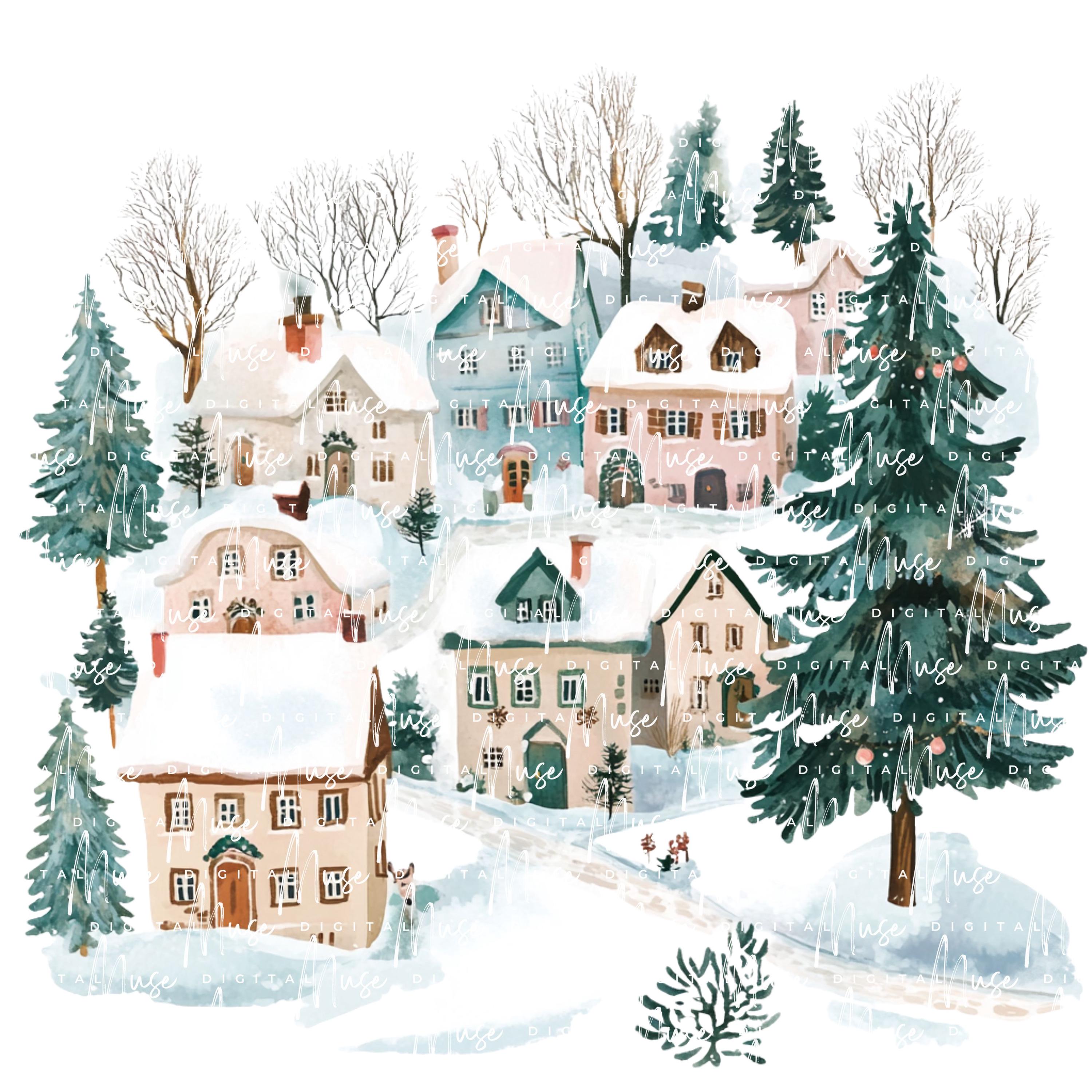 Winter Houses Watercolor Clipart | Snowy Cottage Village JPEG Set ...
