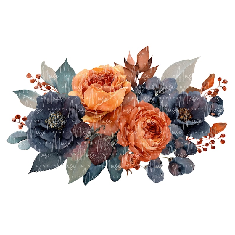 Navy Orange Floral Clipart, Watercolor Bouquet PNG Set, Autumn Wedding ...