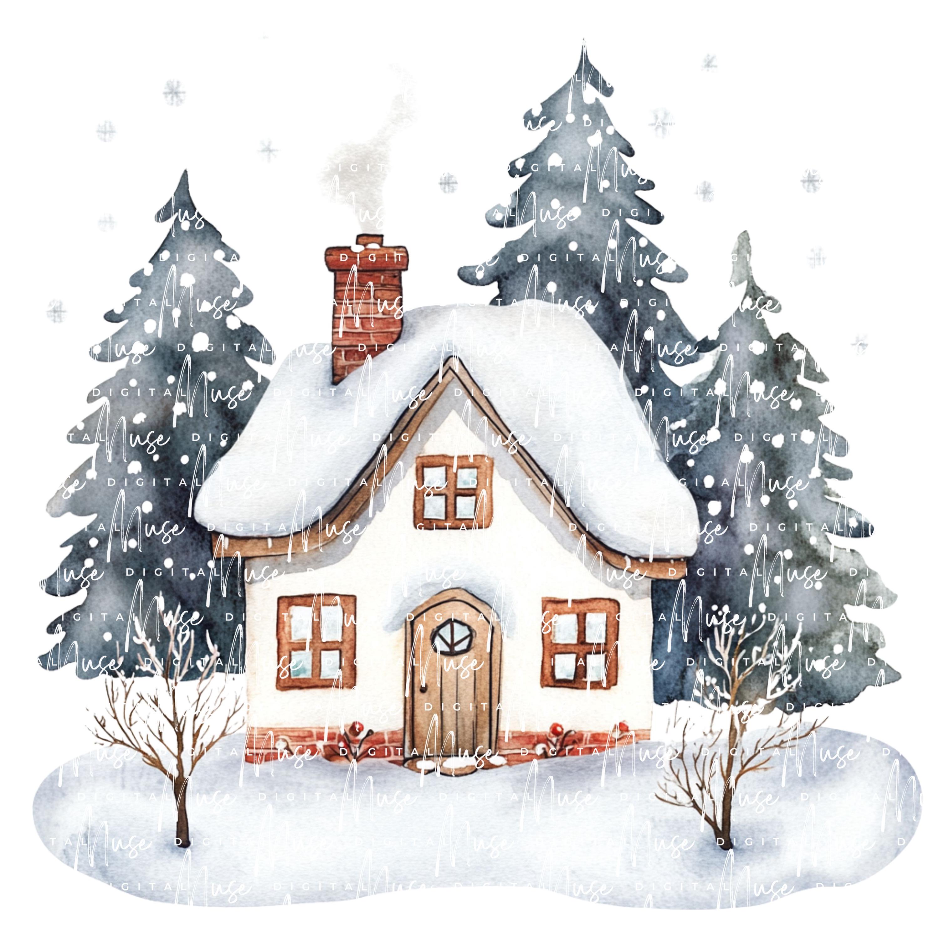 Winter Houses Watercolor Clipart | Snowy Cottage Village JPEG Set ...