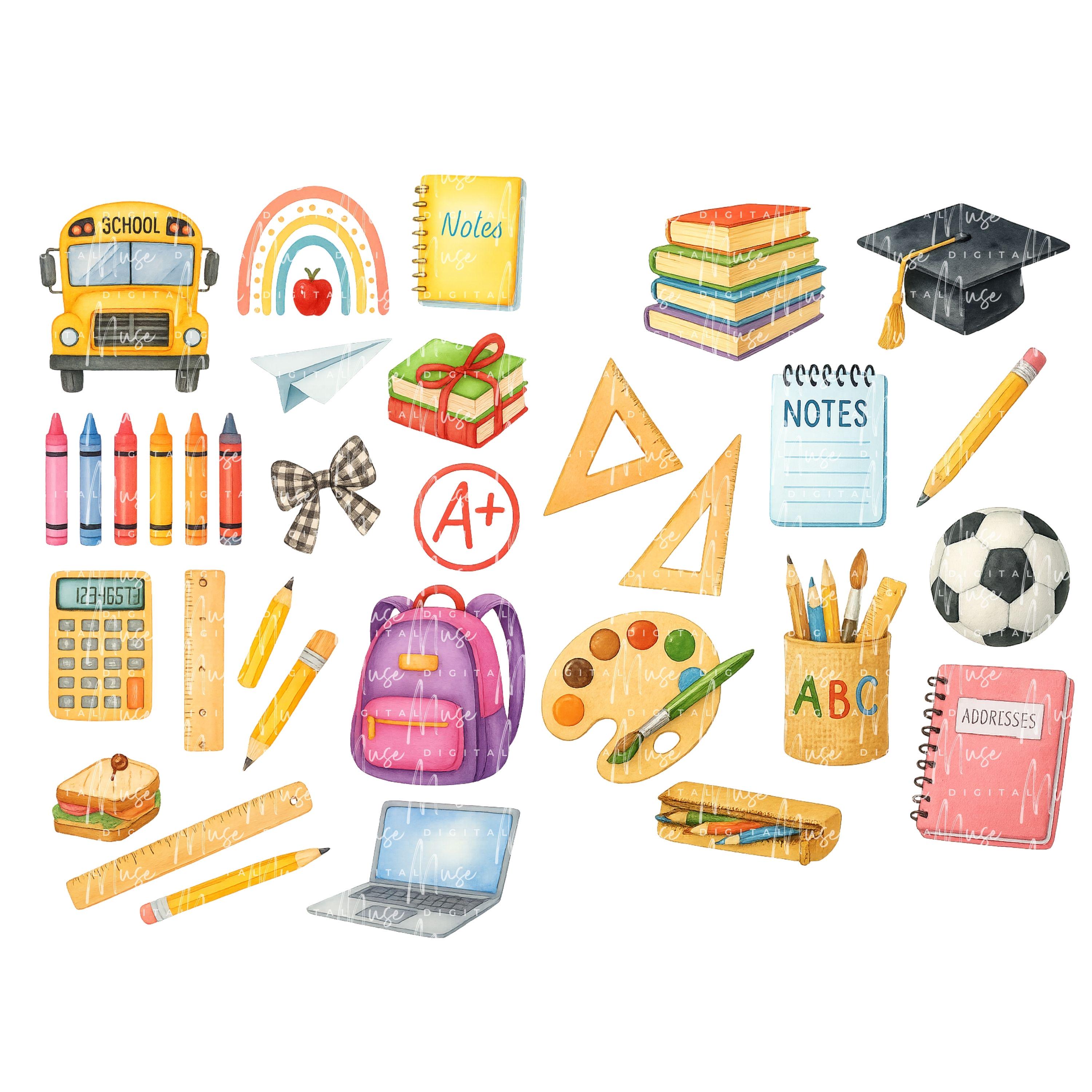 Pastel School Supplies Clipart Bundle: Kawaii Classroom Decor (PNG ...