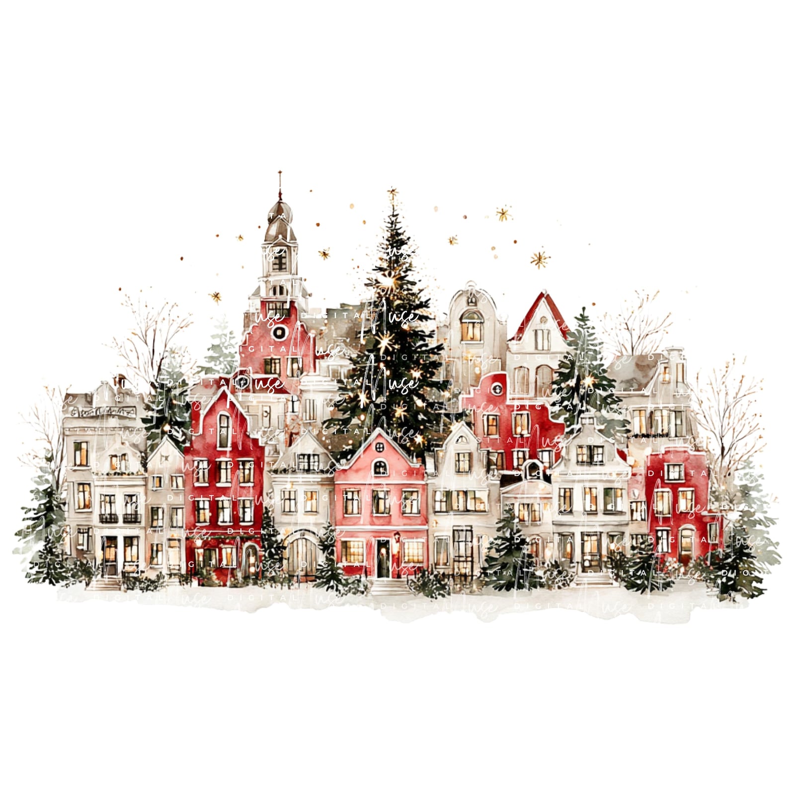 Watercolor Christmas Village Clipart Bundle: Festive Winter Houses (PNG ...