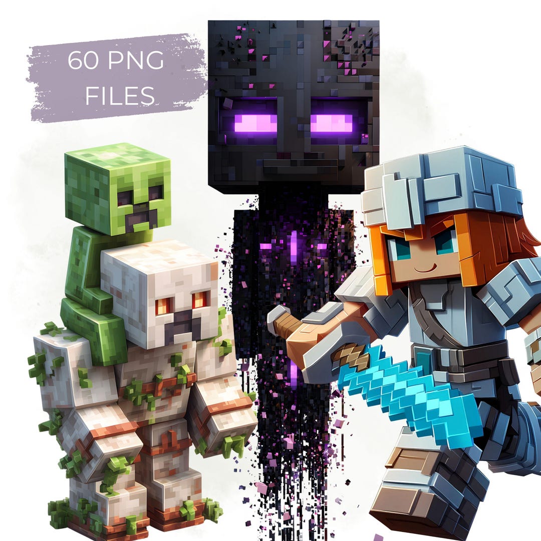 Minecraft Style PNG Clipart Bundle 60 Items, Block Characters Mobs ...