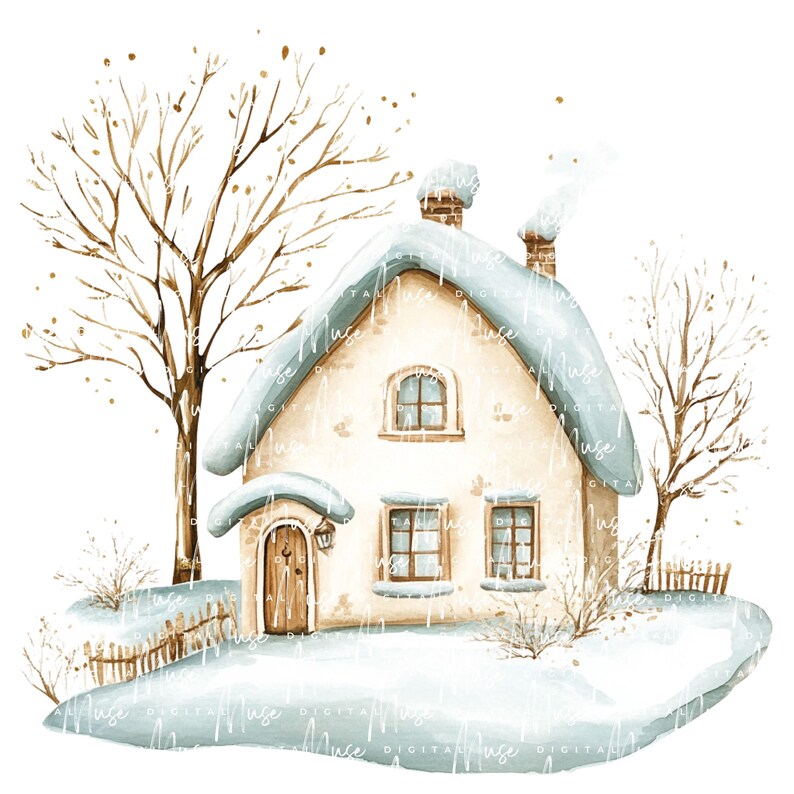 Winter Houses Watercolor Clipart | Snowy Cottage Village JPEG Set ...
