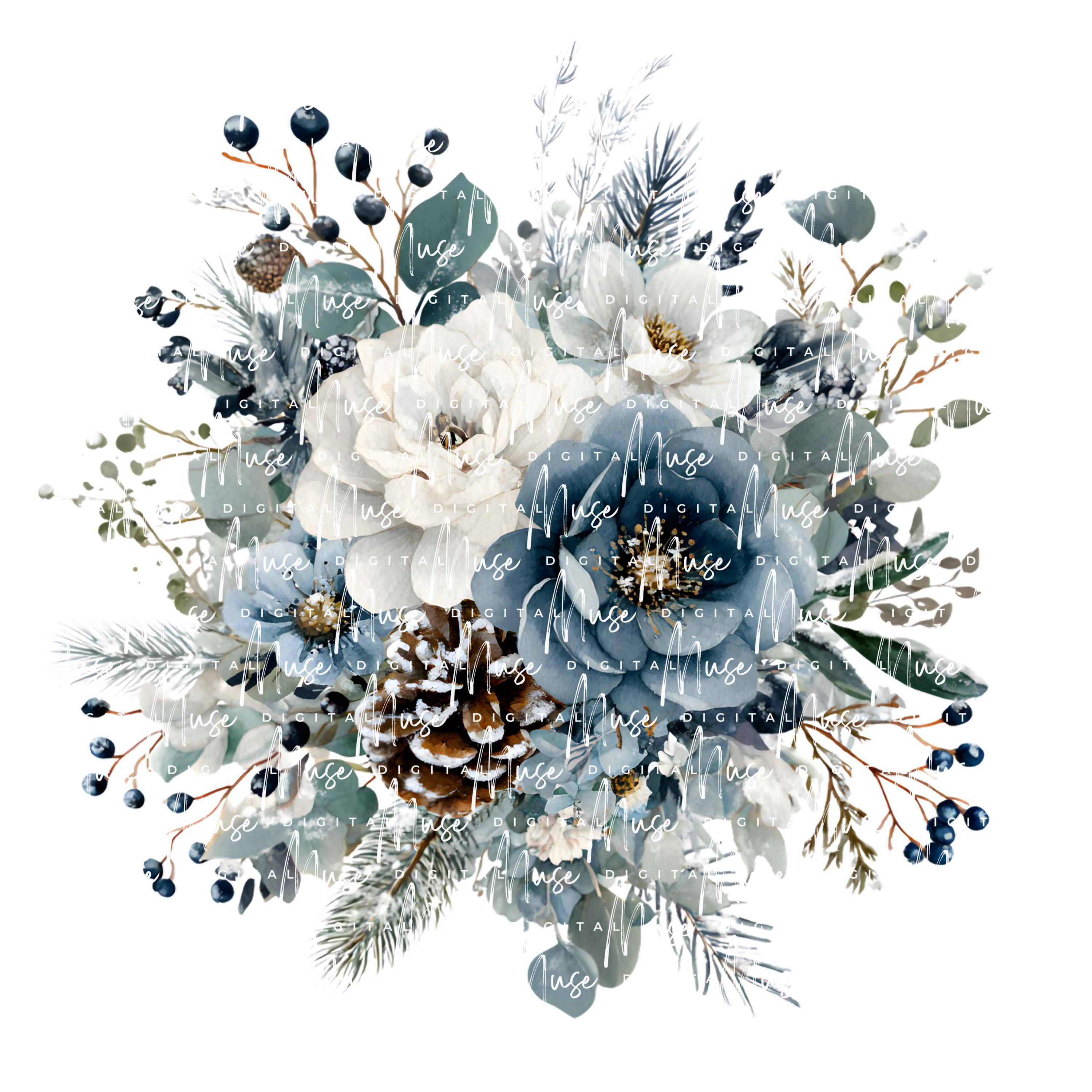 11 Winter Blue Floral Clipart Bundle, Watercolor Christmas Flowers ...