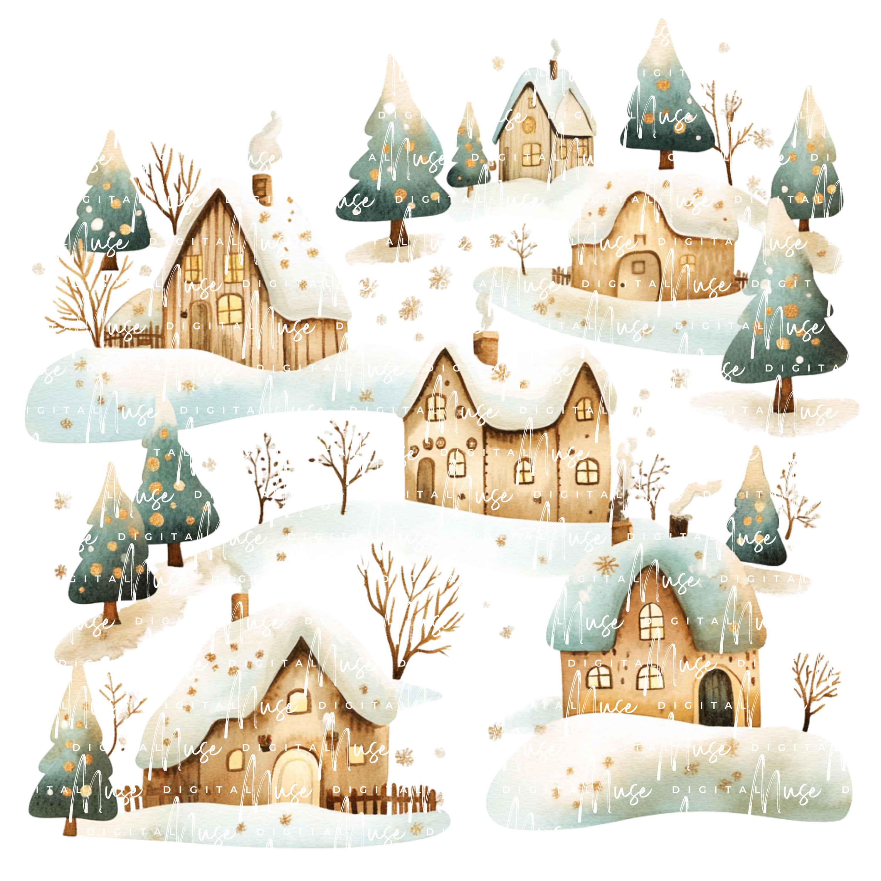 Winter Houses Watercolor Clipart | Snowy Cottage Village JPEG Set ...