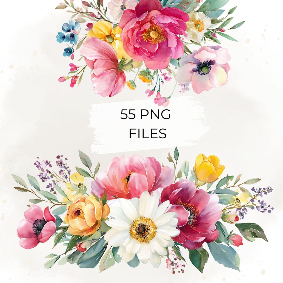 Watercolor Flower Clipart Bundle – 55 Floral PNG Elements for Wedding ...