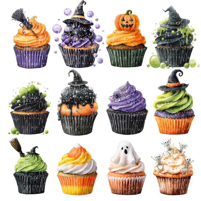 Watercolor Halloween Cupcake Clipart Bundle: Witch Hat, Pumpkin (PNG ...