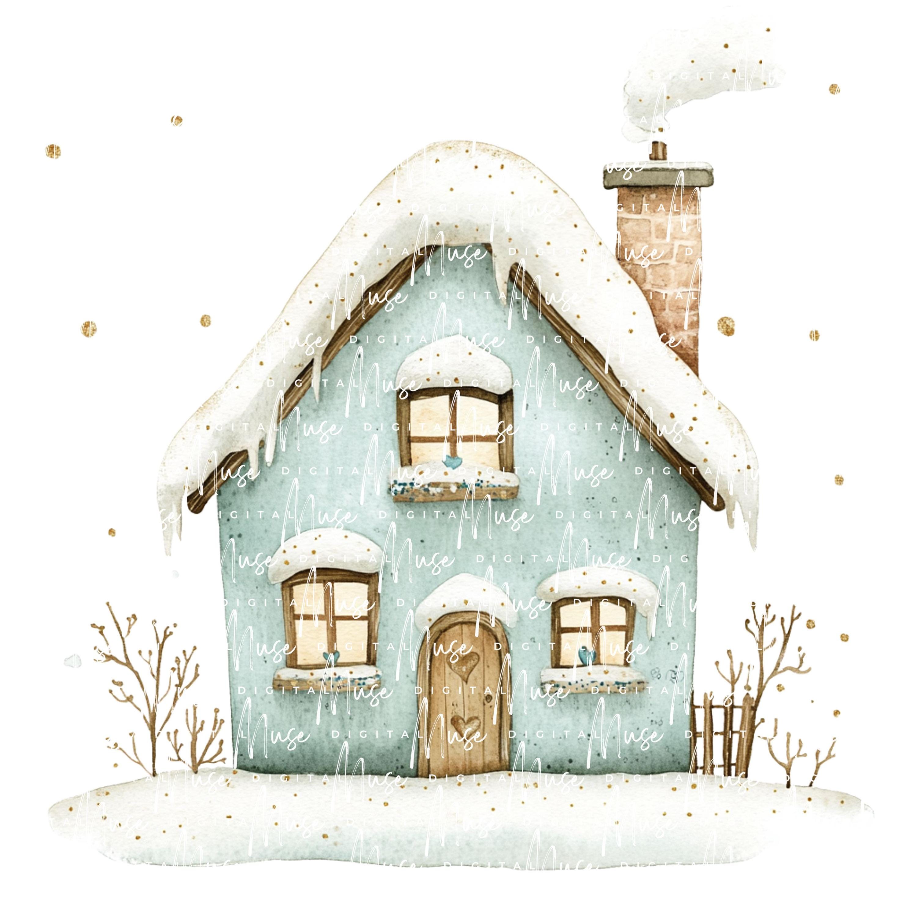 Winter Houses Watercolor Clipart | Snowy Cottage Village JPEG Set ...