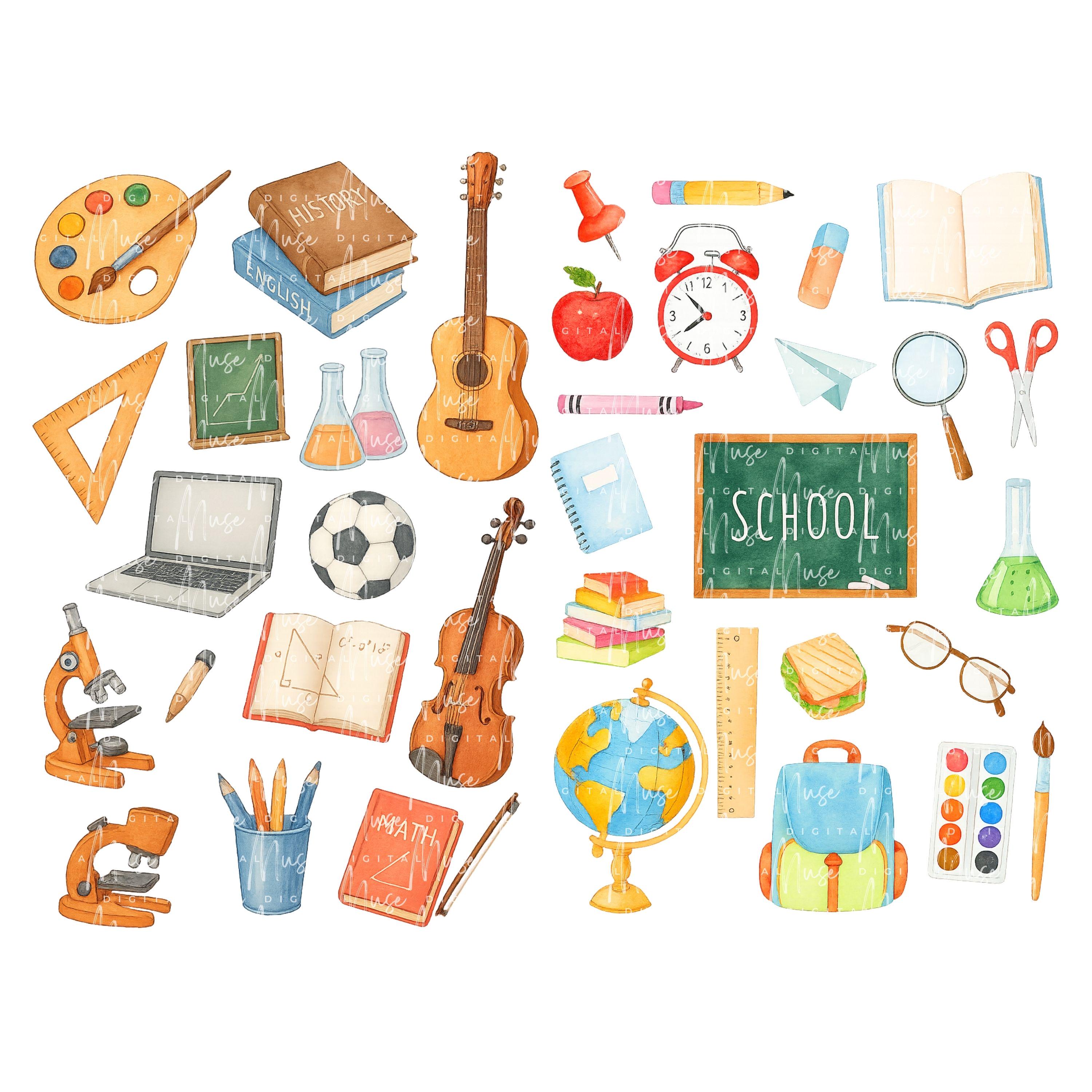 Pastel School Supplies Clipart Bundle: Kawaii Classroom Decor (PNG ...