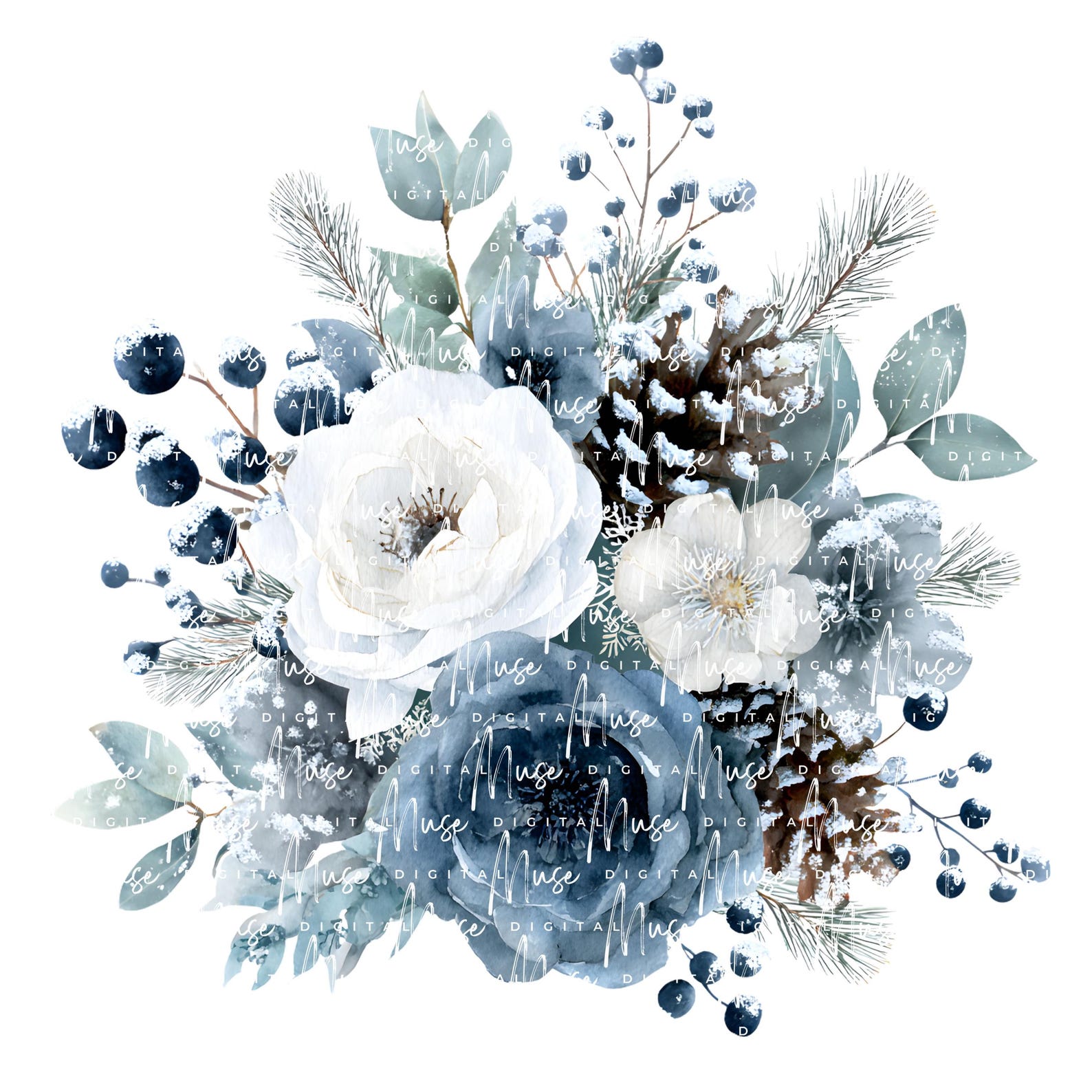 11 Winter Blue Floral Clipart Bundle, Watercolor Christmas Flowers ...