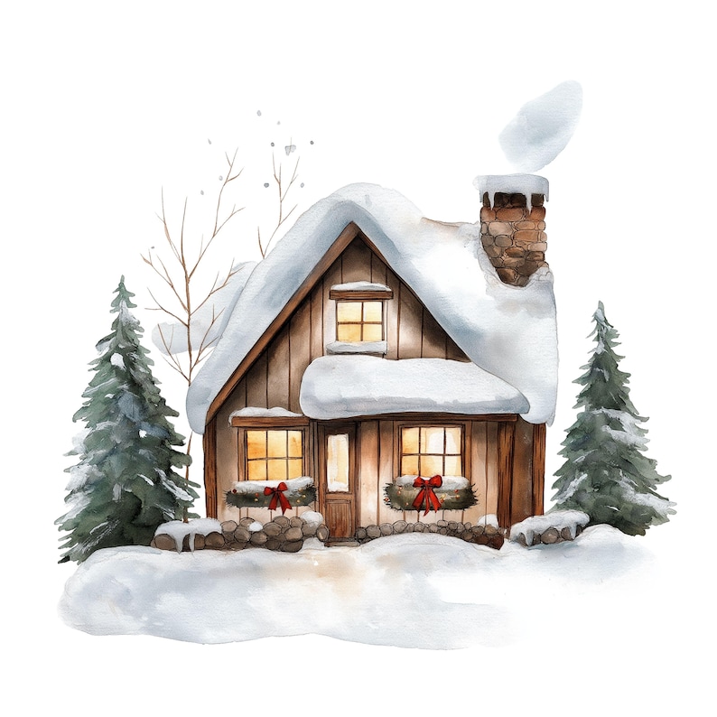 Winter Houses Watercolor Clipart | Snowy Cottage Village JPEG Set ...