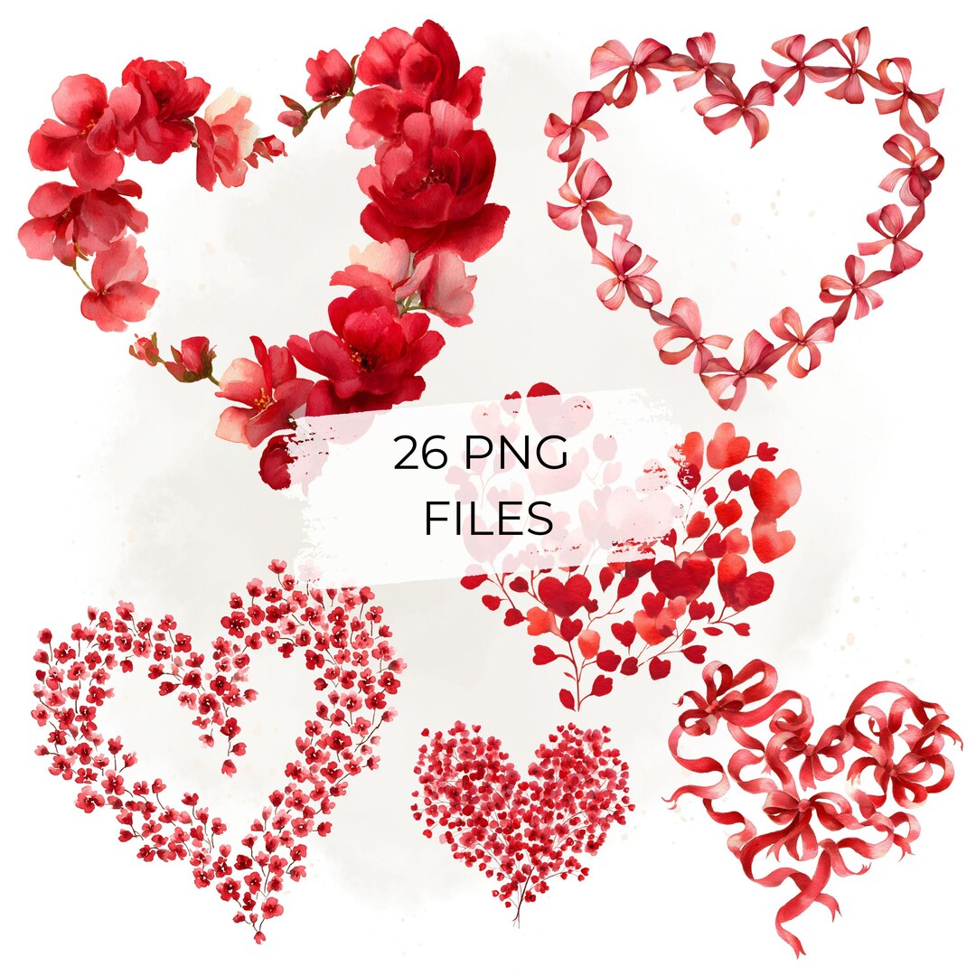 26 Watercolor Heart Clipart Red Floral Frame Set for Valentine Card ...