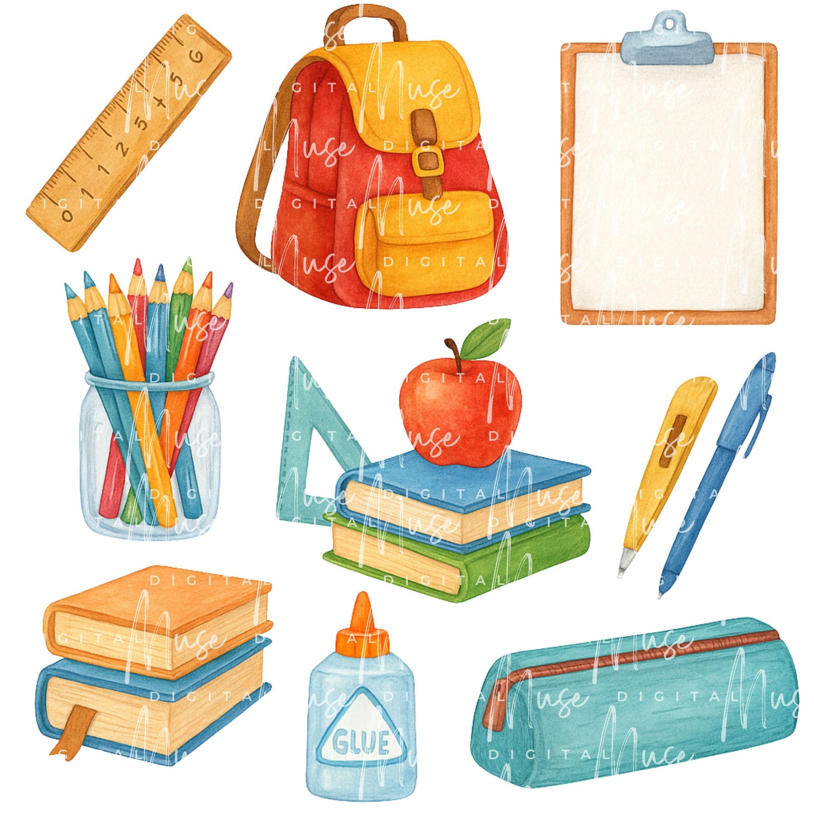 Pastel School Supplies Clipart Bundle: Kawaii Classroom Decor (PNG ...
