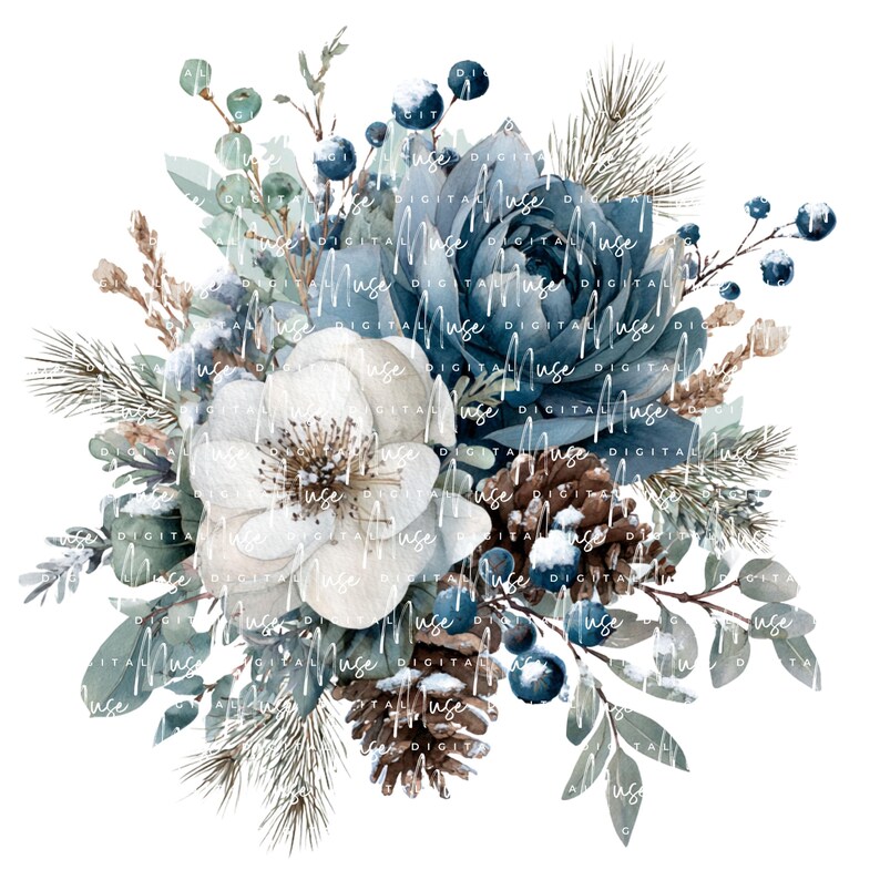 11 Winter Blue Floral Clipart Bundle, Watercolor Christmas Flowers ...
